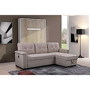 FurniFusion 84'' L-Shape Convertible Sleeper Sectional Sofa with Storage Chaise and Pull-Out Bed, Linen Upholstered Reversible Corner Couch w/USB Charger Ports and Pocket, Light Gray, 84 Inch