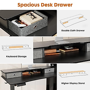 Sweetcrispy Height Adjustable Electric Standing Desk with Storage Shelf Double Drawer, 40 x 24 Inch Stand up Desk, Sit Stand Desk with Splice Board