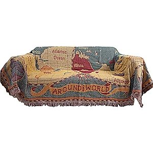 MayNest World Map Throw Blanket Reversible Hippie Bohemian Vintage Yellow Red Knitted Large Fringed Cotton Woven Tapestry Colorful Boho Fantasy Rug Sofa Loveseat Chair Recliner Couch Cover (L: 71x91)