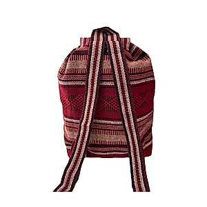 BURGUNDY & TAN , PINZON BACKPACK , FASHION BACKPACK , WOVEN , MEXICAN BACKPACK , SCHOOL BACKPACK , WEEKEND , BEACH BAG , BOHO BAG , CASUAL , DAYPACK , COACHELLA , MOCHILA , MADE IN MEXICO, Red