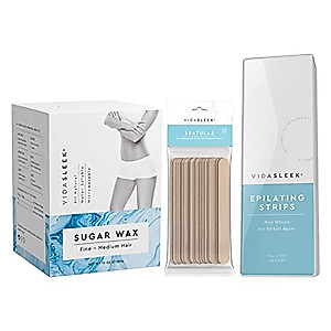 Wax Kit Bundle: Hair Removal Sugar Wax Kit (10 oz) + Pack of 100 Non-Woven Wax Strips + Pack of 35 Spatulas