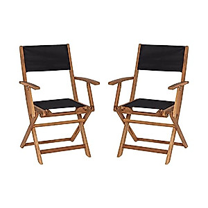 Merrick Lane Stora Set of 2 Indoor/Outdoor Acacia Wood Folding Patio Bistro Armchairs with Black Textilene Mesh Back and Seat, Natural