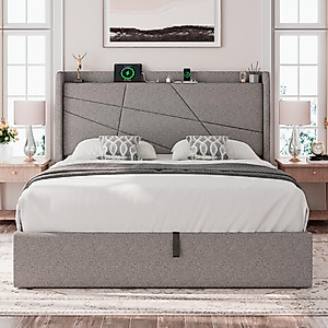 Einhomn Queen Size Lift Up Bed Frame with Charging Station, Upholstered Bed Frame with Storage, No Box Spring Needed, Noise-Free, Hydraulic Storage, Easy Assembly, Light Grey