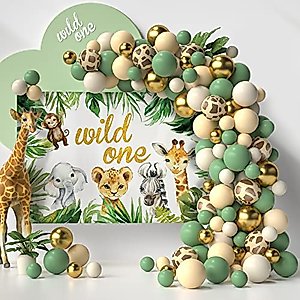 Sage Green Balloon Garland with Backdrop 59*40 Inch, 5 in 1 Color Safari Jungle Theme Balloons Arch - Giraffe Grain Apricot Gold White Sand Balloons Set for Baby Shower 1st Boys Birthday Party Decor