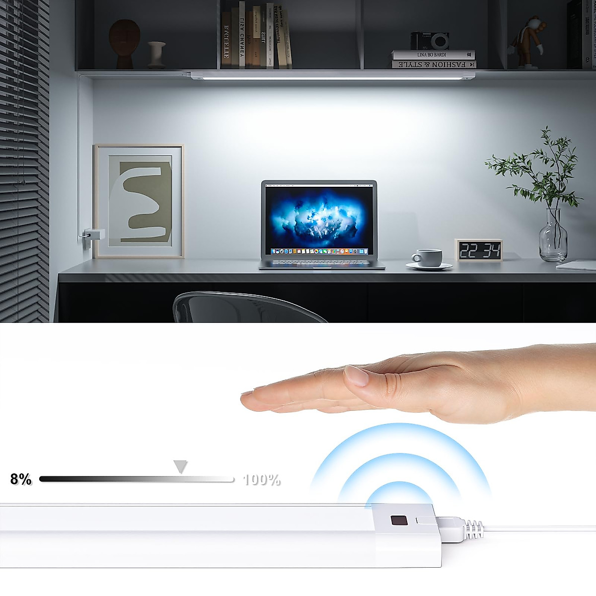 WOBANE Under Cabinet Lighting, 24 inch Plug in LED Counter Light Bar, Hand Wave Activated, Touchless Dimmable for Kitchen Cabinet, Shelf, Under Desk, Color Tunable 2700K to 6500K,White Panel,1400LM