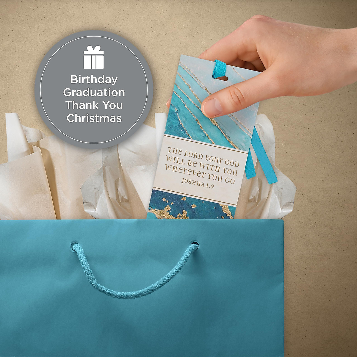 Christian Art Gifts Teal Marble Swirl Premium Scripture Bookmark God Will Be with You Joshua 1:9 Bible Verse Metallic Gold Accent Inspirational Bookmark for Men and Women w/Satin Ribbon