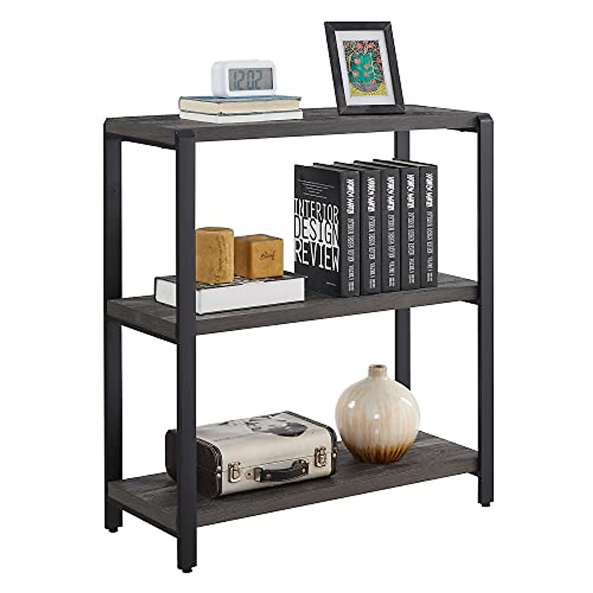 EXCEFUR Bookshelf and Bookcase, 3 Tier Vintage Shelf for Office, Rustic Wood and Metal Book Shelves, Grey