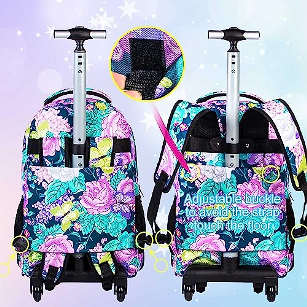 Rolling Backpack for Girls, 21 Inch Water Resistant Flowers Butterfly Bookbag with Roller Wheels, Elementary Wheeled Backpacks for Teens Students School Travel