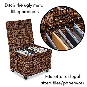 BirdRock Home Seagrass Rolling File Cabinet - Storage Organizer Box with Lid - Home Office Decor - Decorative Organize - Letter Legal Hanging Filing Container - Strong Durable Toy Pillow - Espresso