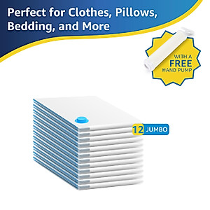 12 Jumbo Compression Storage Bags, Vacuum Seal Bags with Hand Pump for Blankets, Comforters, Bedding, Pillows and Clothes Storage