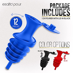 Esatto Pour and Seal, Pourer with Lid – Easy Pouring for Drinks like Spirits and Liquors, Lid for Healthy Practices Keeping Debris and Fruit Flies Away, Professional Bar Tool, Pack of 12 Pieces (Blue)