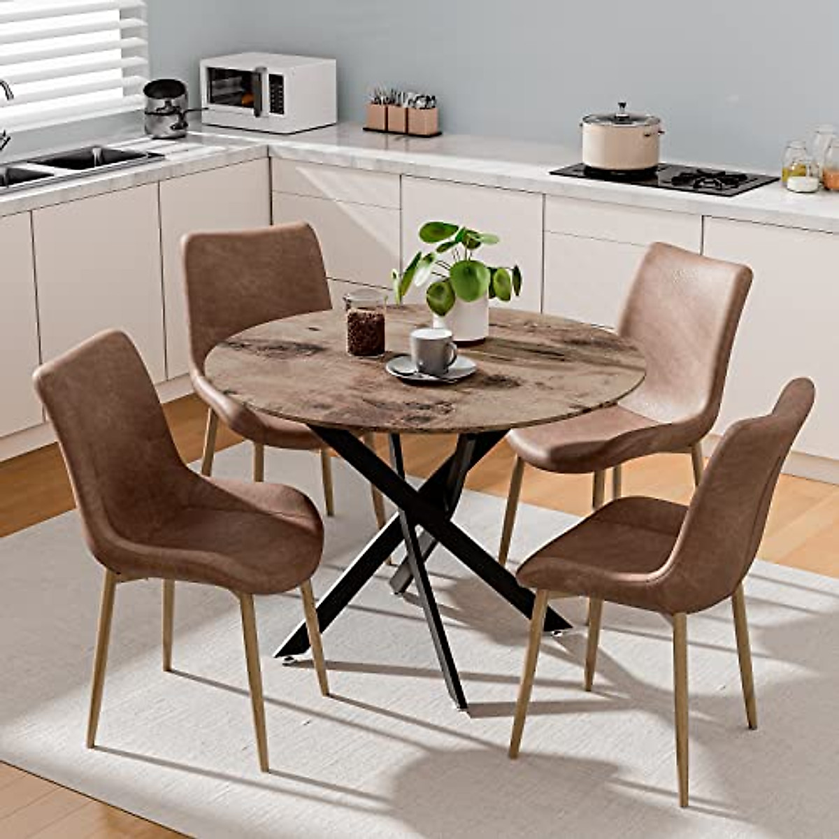NIERN Round Dining Table with Chromed Legs,31.5 Inches Modern Kitchen Table for Kitchen Dining Room (Brown)