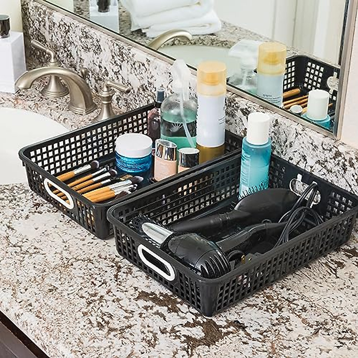 Really Good Stuff Plastic Desktop Paper Storage Baskets for Classroom or Home Use – 14”x10” Plastic Mesh Baskets Keep Papers Crease-Free and Secure – Blue Neon Basket With White Handles (1 Basket)