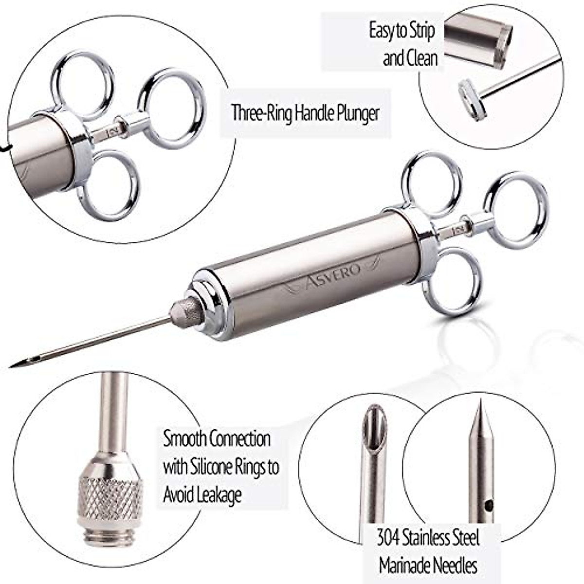 Meat Injector Kit Stainless Steel Food Syringe & 3 Marinades Needles for BBQ Grill Professional Smoker Seasoning Culinary Barbecue Syringe & Meat injectors for Smoking