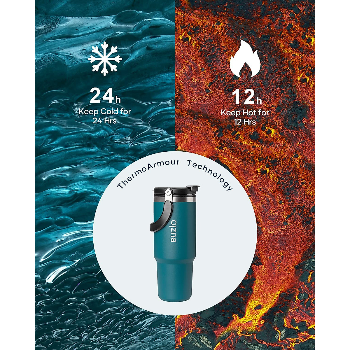 BUZIO Insulated Tumbler with 2-in-1 Lid and Straw, 30 oz Tumbler with Handle, Stainless Steel Double Walled Water Bottle Reusable Coffee Tumbler Travel Mug Thermal Cup, Wide Mouth Smoothie Cups