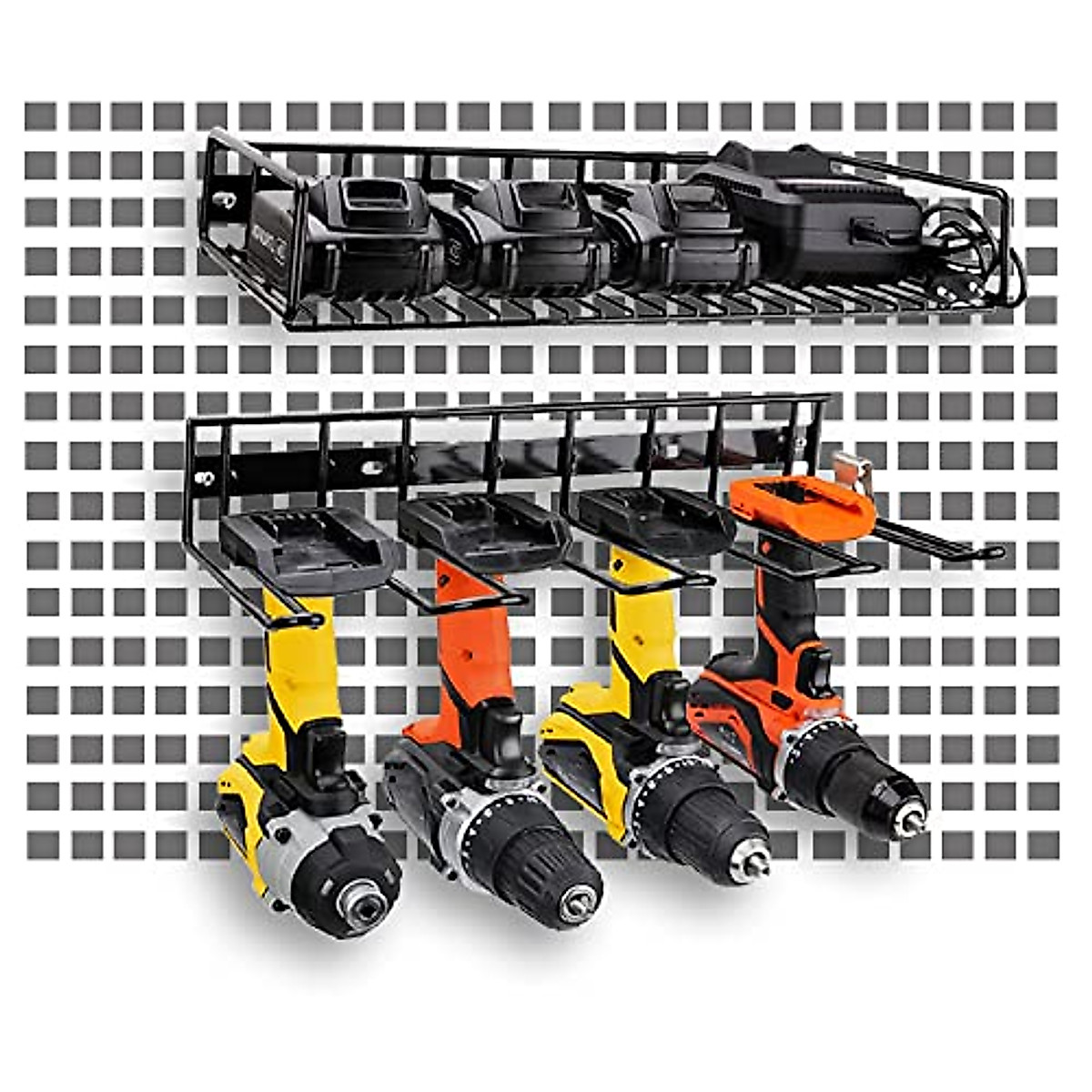 2 Pack Power Tool Organizer for Tool Storage, Heavy Duty Floating Tool Shelf, Drill Holder Wall Mount, Utility Rack for Cordless Drill Compact Steel Design Solid Metal Black（2 pack 4 set) (Black)