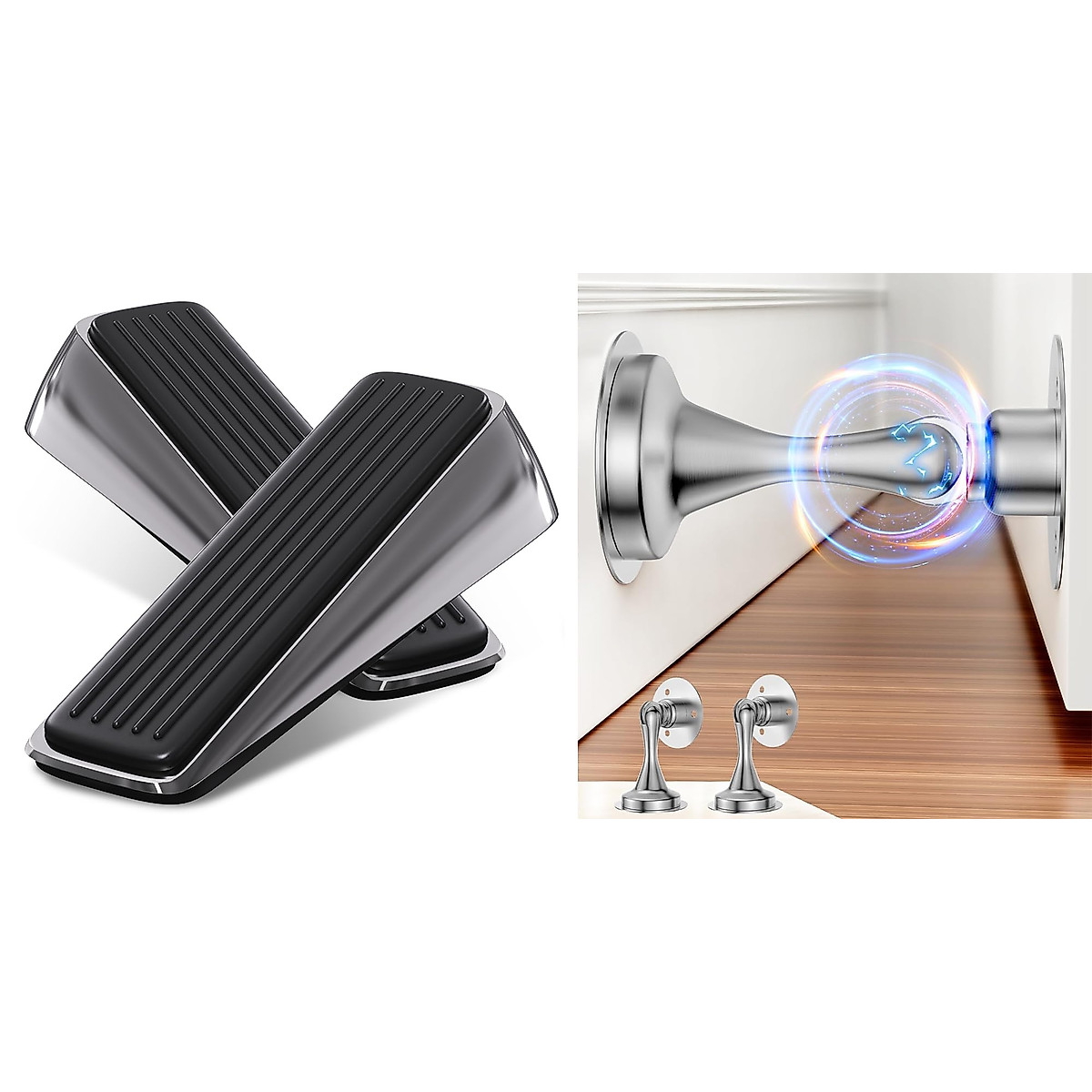 4-Pack Door Stoppers Set Bundle, Magnetic Door Stop and Heavy Duty Wedge Door Stoppers for Bottom of Door