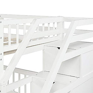 Harper & Bright Designs Twin Over Full Loft Beds, Bunk Beds Twin Over Full with Stairway and Storage, Full-Length Guardrail, No Box Spring Needed (White Twin Over Full Bun Beds)