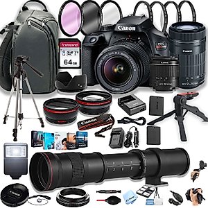 anon EOS Rebel T100 DSLR Camera w/EF-S 18-55mm F/3.5-5.6 Zoom Lens + 55-250mm f/4-5.6 is STM Lens + 420-800mm Super Telephoto Lens + 64GB Memory Cards, Professional Photo Bundle (Renewed)