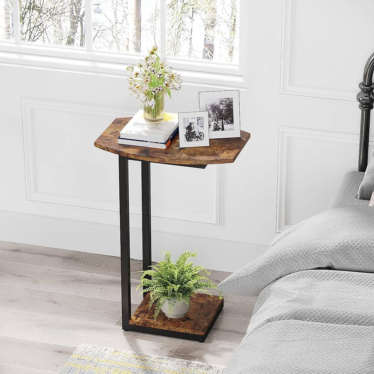 Hosfais Small Side Table End Table, C Shaped Barrel Coffee Table with Metal Frame, Wooden TV Tray for Living Room, Bedroom, Couch, Small Spaces (Rustic Brown)
