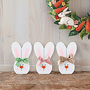Easter Decorations for the Home, hogardeck 3 Pcs Easter Bunny Table Decor, Wood Sign Rabbit Block Set with Plaid Dot Burlap Bow Wooden Signs Table Centerpiece Farmhouse Decor for Party Fireplace Tiered Tray Tabletop