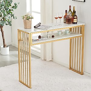 GOLASON Gold Bar Table, High Top Pub Tables for Kitchen, Modern Dinning Table with Open Storage Shelf, Liquor Bar Unit for Living Room (Not Included Chairs, 47”W)