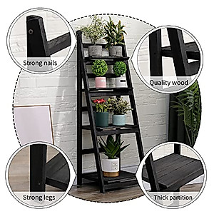 Babion Ladder Shelf, 4-Tier Ladder Bookshelf, Black Bookcase with Shelves, Storage Rack Plant Stand for Home, Bedroom, Bathroom,Office, 16 x 14 x 46 Inch, Industrial Style, Wood Frame