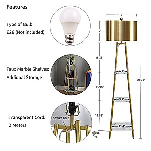 ROSEN GARDEN Floor Lamp, Standing Reading Light with Shelves and Gold Shade, Modern Tall Pole Lamp, Accent Furniture Décor Lighting for Living Room, Bedrooms