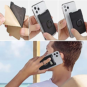New 5-in-1 Cell Phone Wallet-Stick On Spandex Ring Card Holder Sleeve Back-Double-Pocket+Magnetic+Finger Grip Strap Loop+Kickstand+RFID Block,Most of Smartphones (iPhone/Android/Samsung Galaxy)