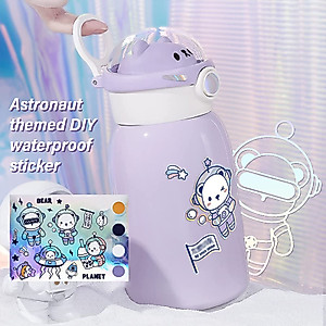 Kawaii Water Bottle with Straw: 17oz Cute Water Bottles, Stainless Steel Water Bottle with Stickers and Adjustable Strap, Portable Cartoon Astronaut Thermos for School Outdoor Sports Travel (Purple)