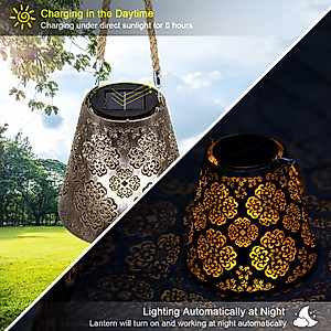 Outdoor Lanterns, Moyisea Hanging Solar Lantern Lights with Rattan Handle and Metal Hollow-Out Flower Lace, Waterproof Decorative Lantern for Patio, Porch, Garden and Tabletop, Bronze