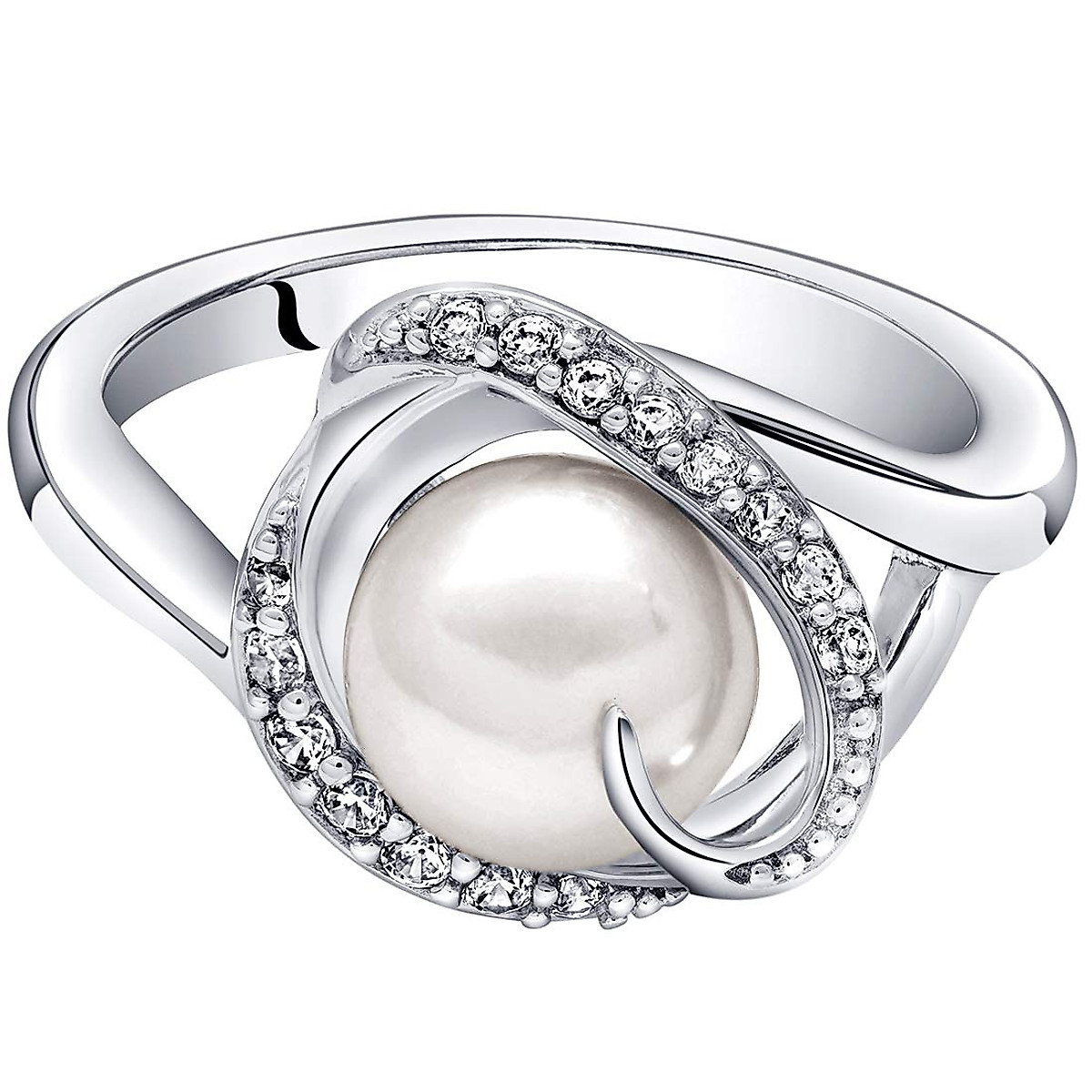 PEORA Freshwater Cultured White Pearl Swirl Ring in Sterling Silver, 8.5mm Round Button Shape, Comfort Fit, Size 7
