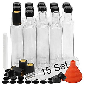 YULEER 15 Pack Hot Sauce Bottles, 8.5 oz Woozy Bottles with Leak Proof Screw Black Cap, Shrink Capsule, Round Glass Bottles for DIY Hot Sauce, BBQ Sauce