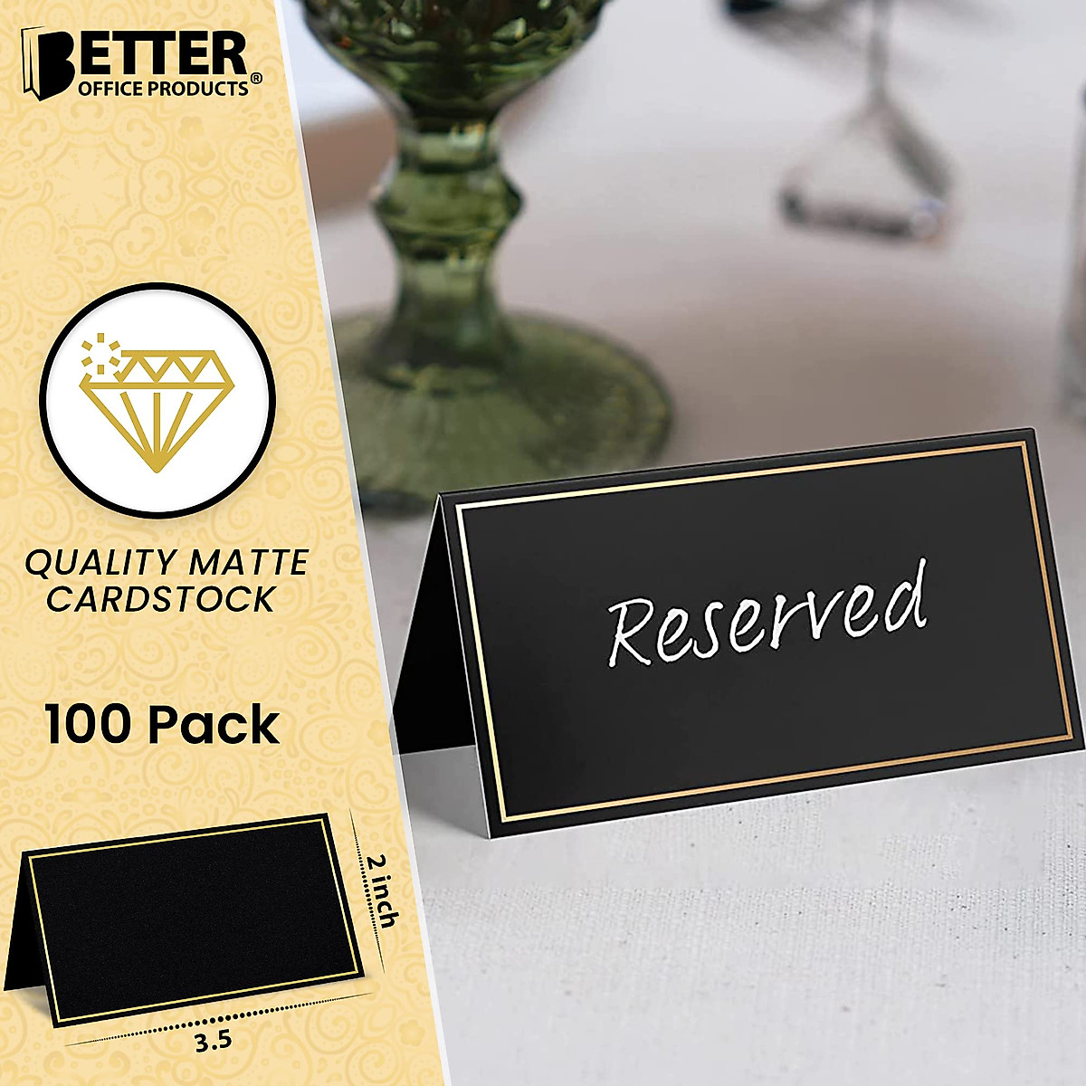 Better Office Products 100 Pack Gold Metallic Border Place Cards, 2 x 3.5 in, Folded Table Tent Cards for Weddings, Dinner Parties, Buffet Banquets,(Black)