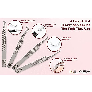 M LASH Eyelash Extension Tweezers (Set of 4) - Professional & Precision Lash Tweezers for Eyelash Extensions - Japanese Steel, Diamond Grip, Fiber Tip (Matte Black)