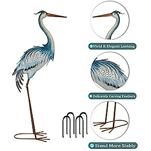 TERESA'S COLLECTIONS Large Blue Heron Garden Statues, 41.7-43.7 inch Standing Crane Sculpture Metal Yard Art Bird Decor Lawn Ornaments for Outdoor Patio Porch Outside Decorations, Set of 2