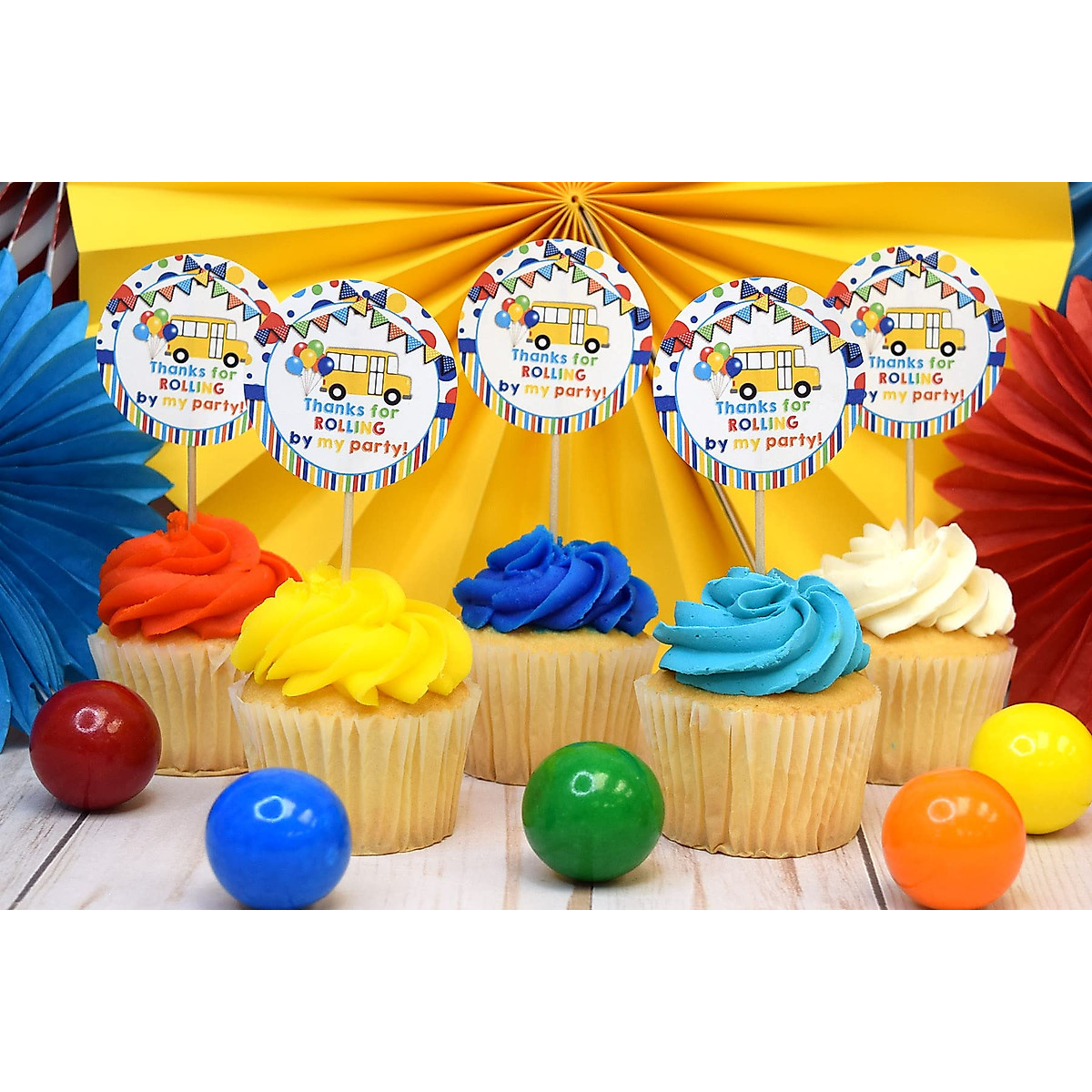 Wheels On The Bus Thank You Sticker Labels, 40 2" Party Circle Stickers by AmandaCreation, Great for Party Favors, Envelope Seals & Goodie Bags