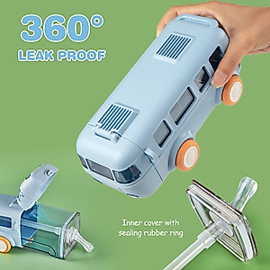 Suteng Bus Shape Car Water Bottle with Straw Lid, 16.9 Oz Portable Kid Water Cup with Shoulder Strap, Detachable, Leak-Proof, Flip Lid Cute Drinking Water Bottles for Kids (Pink)