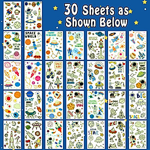 Partywind 290 Styles (30 Sheets) Luminous Space Tattoos for Kids Party Decorations, Glow Outer Space Party Supplies Favors with Astronaut/Rocket/Planet, Kids Games for Glow Party