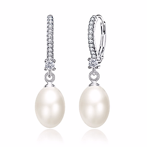EVER FAITH S925 Simulated Pearl Earrings, White CZ Oval Cream Pearl Wedding Bride Leverback Dangle Earrings Jewelry for Women
