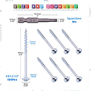 Glarks 160Pcs #8x2-1/2'' Pocket Hole Screws Zinc Coated Square Drive Self Tapping Coarse Thread Wood Screws for Wood and Sheet Metal (#8x2-1/2'' Coarse Thread)