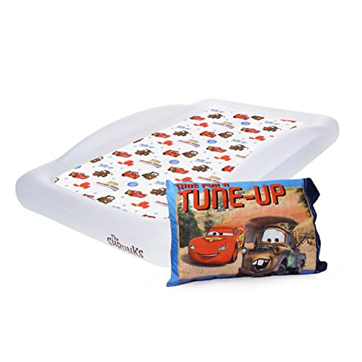 The Shrunks Portable Toddler Travel Bed | Kids Air Mattress Inflatable Bed with Safety Side Rails | Blow Up Floor Bed + Disney Cars Crib Sheet and Pillowcase Set for Boys - Lightening McQueen, Mater