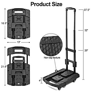 Caxlis Upgrade Folding Hand Truck, 500lbs Heavy Duty Dolly Cart, Professional Utility Dolly Platform Cart with 6 Wheels and 2 Elastic Ropes for Luggage, Travel, Moving, Shopping, Office Use, Black