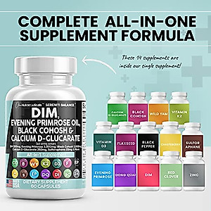 DIM 300mg Evening Primrose 3000mg Black Cohosh 3000mg Calcium D-Glucarate 250mg Sulforaphane Flax Seed Extract - Hormonal Balance Support Vitamins for Women with Dong Quai - Made in USA 60 Caps
