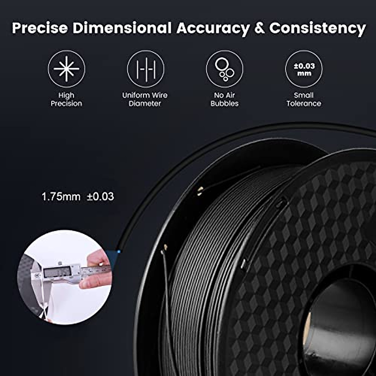 PLA 3D Printer Filament, 3D Printer PLA Filament 1.75mm, Dimensional Accuracy +/- 0.02 mm, 1KG Spool PLA Black