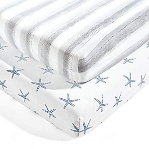 Lush Decor Baby Seaside Starfish Organic Cotton 2 Pack Fitted Crib Sheet, Blue, 52" L x 28" W + 9" Drop
