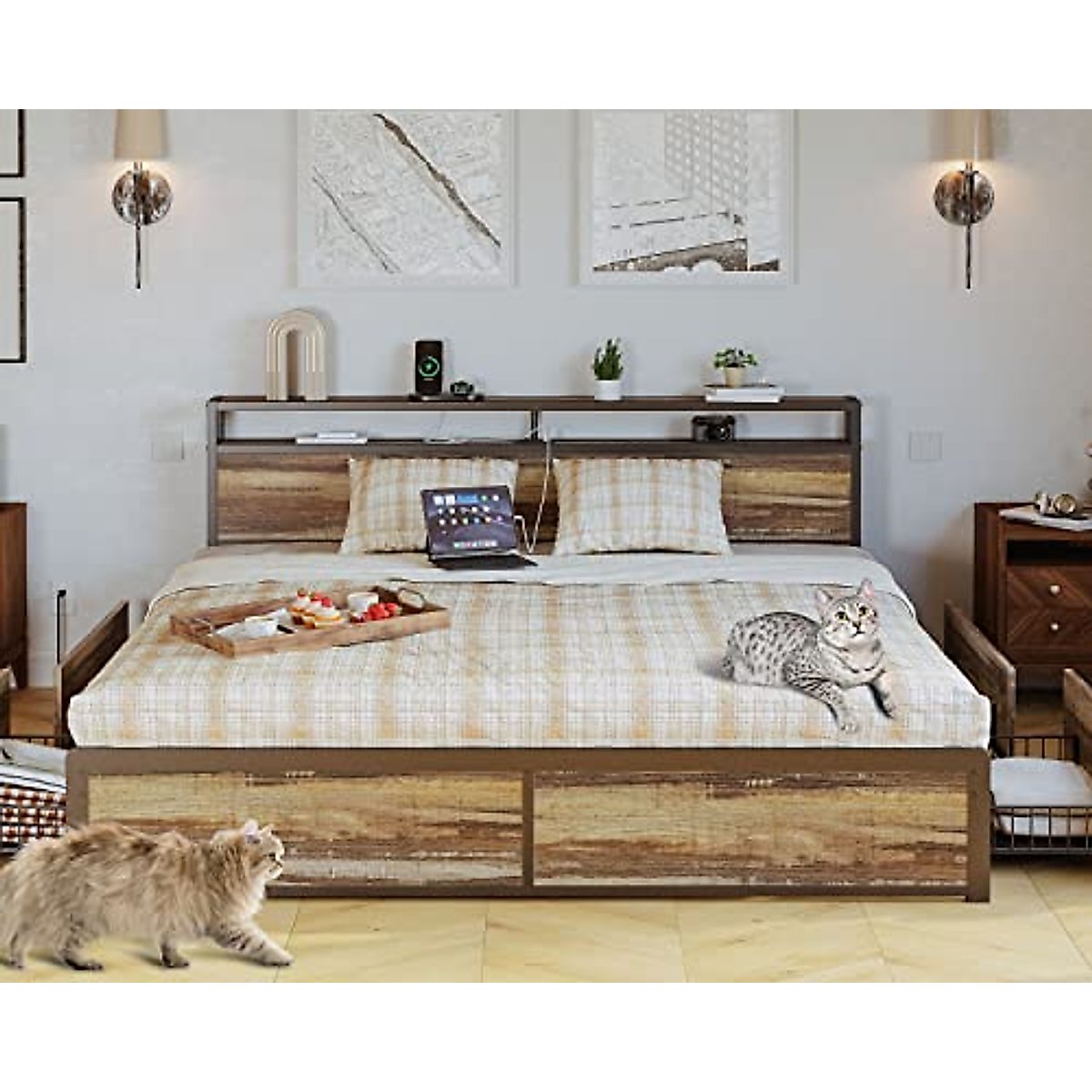 LIKIMIO King Bed Frame with Storage Drawer, 2-Tier Storage Headboard with Charging Station, No Box Spring Needed, Easy Assembly, Rustic Brown