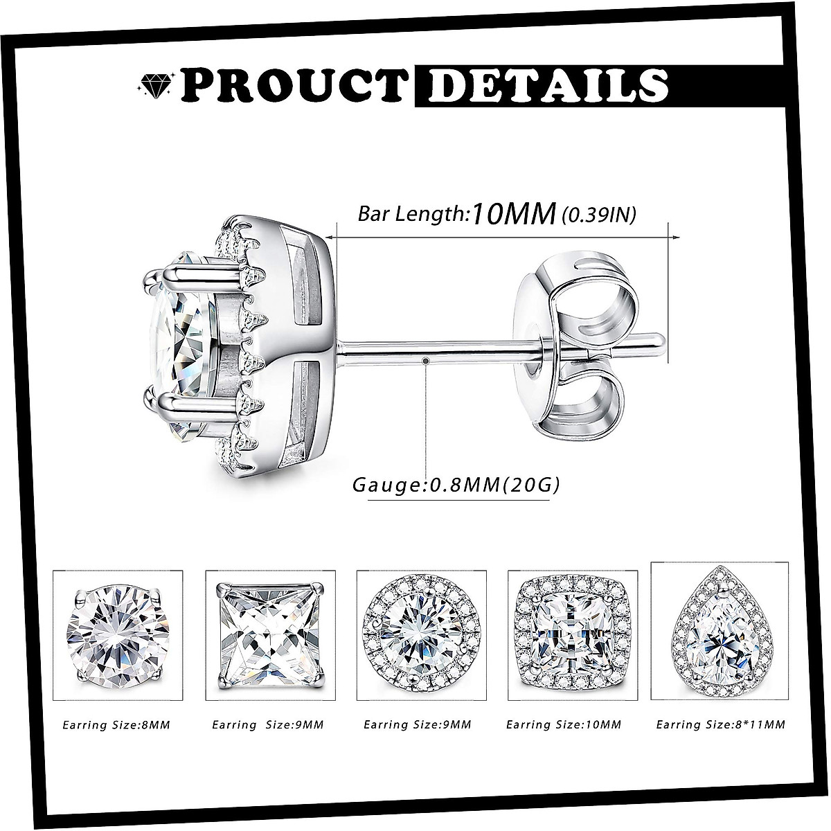 sailimue 5 Pairs Stainless Steel Cubic Zirconia Stud Earrings Set for Women Men Brilliant Round Square Teardrop Faux Diamond Halo Earrings CZ Piercing Earrings Jewelry Gifts