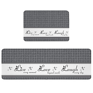 Live Love Laugh Grey Kitchen Rugs and Mats 2 Pieces Set, Gray Checkered Wall Art Modern Non Slip Floor Mat for Sink Laundry, Cushioned Anti-Fatigue Comfort Mat for Kitchen (24"x36"+20"x71")