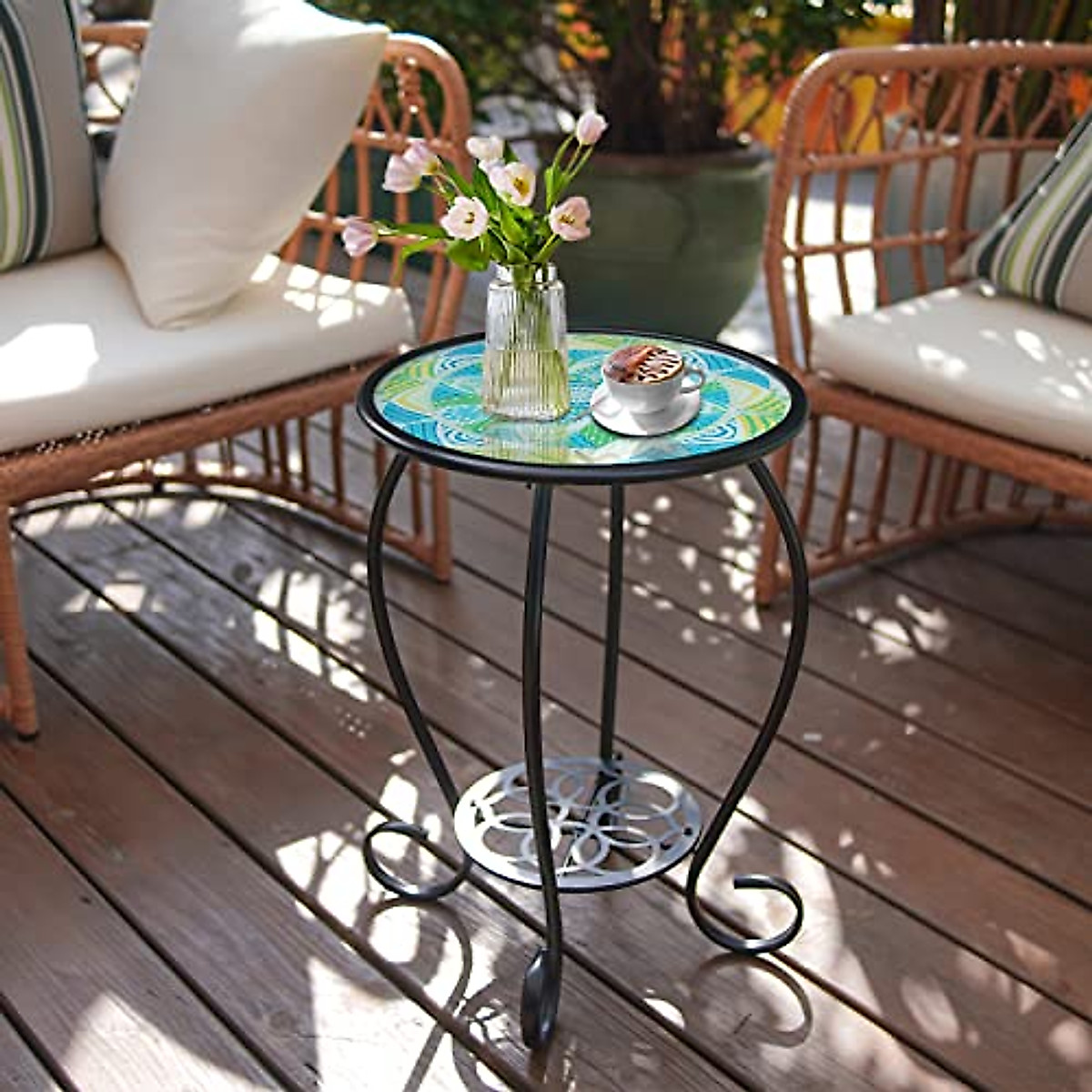 HONGLAND Mosaic Outdoor Side Table, 14" Round Patio Side Table, Mosaic Plant Stand, End Table W/Storage Shelf, Small Bistro Coffee Table for Garden Patio Porch Living Room(Green)